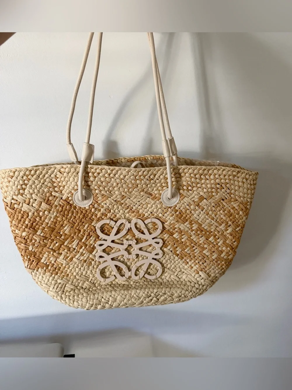 Bags | Straw Shoulder Anagram Bucket Beach Bag Nwt | Poshmark